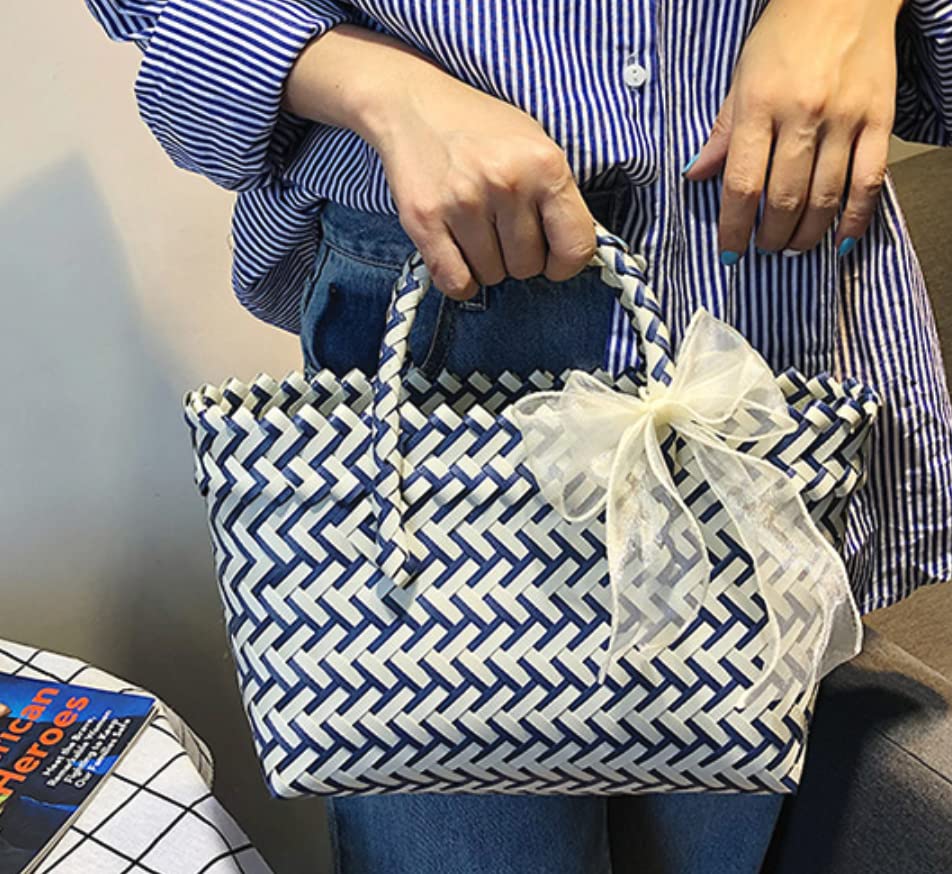 Goodly Beach Bag/Handmade Woven Market Tote Bag/Woven Versatile Large Top Handle Bag(Blue)