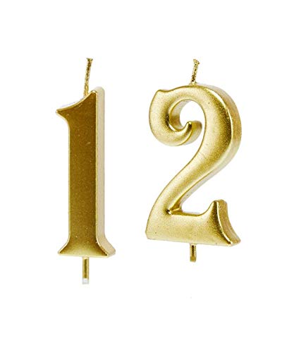 Bailym Gold 12th Birthday Candles, Number 12 Cake Topper for Birthday Decorations