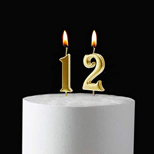 Bailym Gold 12th Birthday Candles, Number 12 Cake Topper for Birthday Decorations