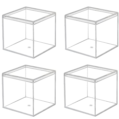 dedoot Clear Acrylic Box withLlid, 4 Pack 4x4x4 inches Clear Plastic Box for Organize, Acrylic Cube Storage Container Drawer Organizer for Vanity Jewelry Accessories, Small Items