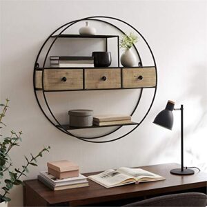 Riverbay Furniture Round Metal and Wood Wall Shelf in Black and Brown