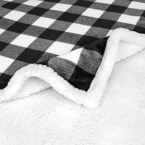 PAVILIA Buffalo Check Sherpa Blanket Throw | Fuzzy White Black Checkered Flannel Fleece Blanket for Couch Bed | Fluffy Warm Cabin Plaid Plush Microfiber Blanket | 50x60