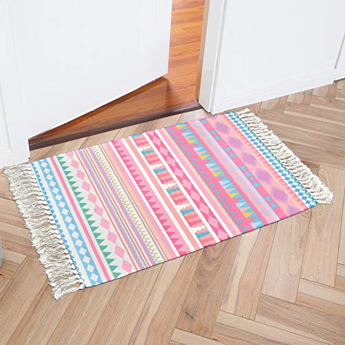 Lacomfy 2PC Cotton Area Rug Sets Pink Boho Printed Tassels Door Mat 2'x3'+2'x4.3' Hand Woven Outdoor Runner Rugs Washable Braided Rug for Kitchen Entryway Bathroom Laundry Room