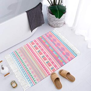 Lacomfy 2PC Cotton Area Rug Sets Pink Boho Printed Tassels Door Mat 2'x3'+2'x4.3' Hand Woven Outdoor Runner Rugs Washable Braided Rug for Kitchen Entryway Bathroom Laundry Room