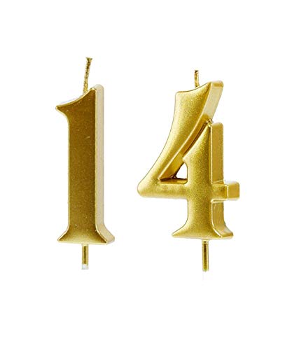 Bailym Gold 14th Birthday Candles, Number 14 Cake Topper for Birthday Decorations