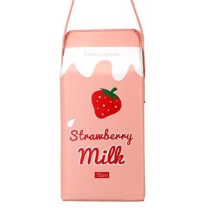 QiMing Strawberry Milk Box CrossBody Purse Bag,PU Phone Shoulder Wallet for Women Girl