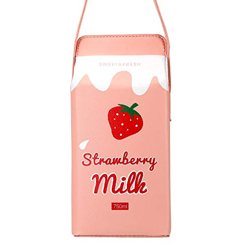 QiMing Strawberry Milk Box CrossBody Purse Bag,PU Phone Shoulder Wallet for Women Girl