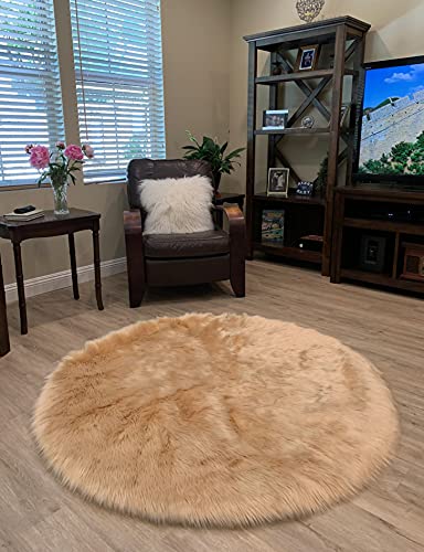 LAMBZY Faux Sheepskin Super Soft Hypoallergenic Silky Round Shag Rug for Living Room, Kids Room, Sofa (5', Beige)