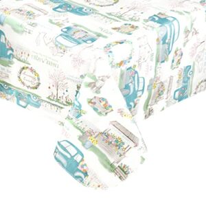 newbridge nostalgic easter market farm truck vinyl flannel backed tablecloth – spring flower market, bunny and egg print indoor/outdoor easy care vinyl tablecloth, 52” x 70” oblong/rectangle