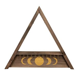 rustix rustic wooden hanging jewelry wall organizer triangle shelf with moon phases and small hooks for earring, necklace, crystal display, and small decor