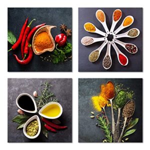 pyradecor 4 pieces colorful spices and spoon vintage canvas prints still life paintings pictures canvas wall art for living rome home kitchen decorations