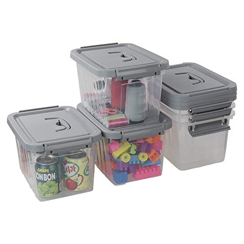 Gloreen 6 Quart Clear Storage Bins with Grey Lid and Handle, Stackable Plastic Storage Latch Box/Containers, 6 Packs