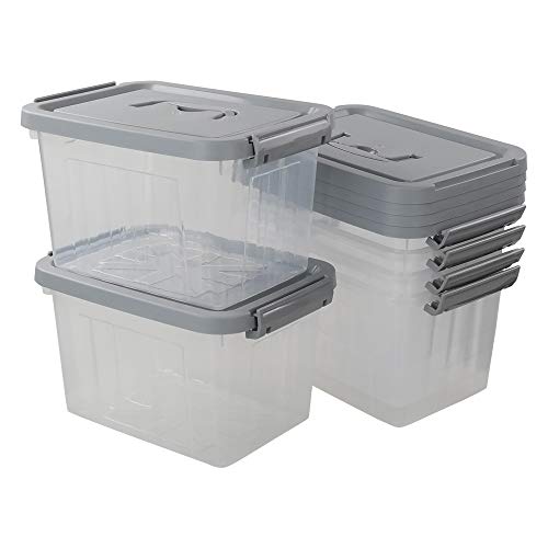 Gloreen 6 Quart Clear Storage Bins with Grey Lid and Handle, Stackable Plastic Storage Latch Box/Containers, 6 Packs