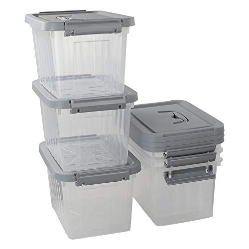 Gloreen 6 Quart Clear Storage Bins with Grey Lid and Handle, Stackable Plastic Storage Latch Box/Containers, 6 Packs