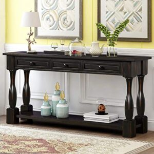 merax LUMISOL 64 inch Long Console Table with 3 Drawers and Bottom Shelf, Sofa Table Entryway Table for Hallway, Living Room, Easy Assembly (Distressed Black)