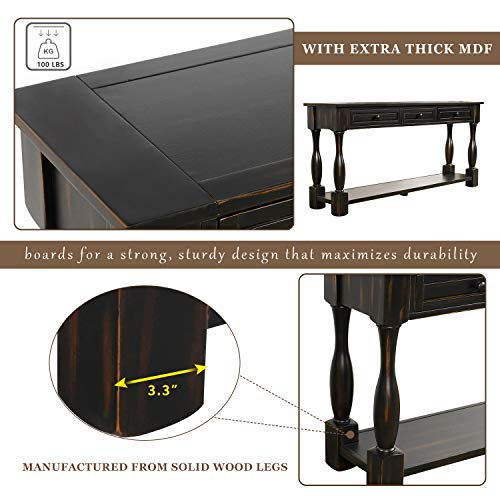 merax LUMISOL 64 inch Long Console Table with 3 Drawers and Bottom Shelf, Sofa Table Entryway Table for Hallway, Living Room, Easy Assembly (Distressed Black)