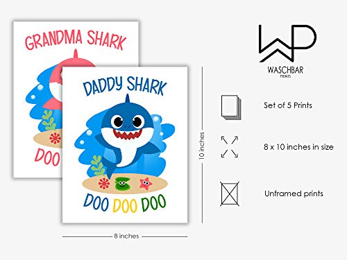 Baby Shark Art Prints, Set of 5 (8 inches x 10 inches), Nursery Wall Art Stuff Decor, Wall Poster for Baby Shower Decorations, Baby Bedroom, Kids Playroom, Mommy Daddy Grandma Grandpa (UNFRAMED)