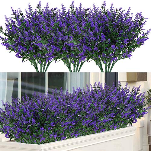 ArtBloom 8 Bundles Outdoor Artificial Lavender Fake Flowers UV Resistant Shrubs, Faux Plastic Greenery for Indoor Outside Hanging Plants Garden Porch Window Box Home Wedding Farmhouse Decor (Purple)