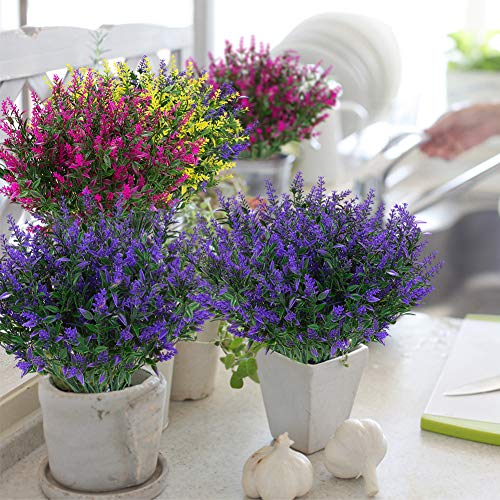 ArtBloom 8 Bundles Outdoor Artificial Lavender Fake Flowers UV Resistant Shrubs, Faux Plastic Greenery for Indoor Outside Hanging Plants Garden Porch Window Box Home Wedding Farmhouse Decor (Purple)