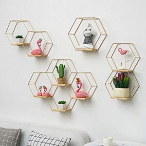 bluelanss hexagonal floating shelves wall mounted shelf, rustic shelves, metal for bedroom,bathroom,living room,kitchen,home office, plant holder flower pot planter stand home decor gold m