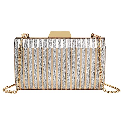 Reberomantic Women Lattice Pattern Metal Handbag Chain Geometric Evening Clutch Purse (Y-Silver)