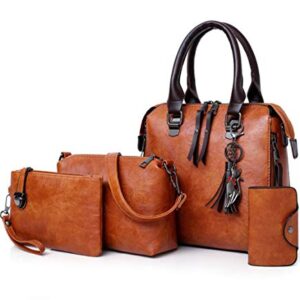 GJGJTER Synthetic PU Leather Tote for Women Satchel Crossbody Hobo 4pcs Handbags Shoulder Bags Tassel Fox Ornament-Brown