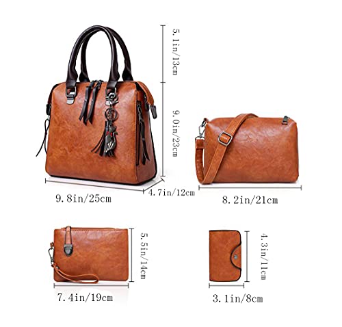 GJGJTER Synthetic PU Leather Tote for Women Satchel Crossbody Hobo 4pcs Handbags Shoulder Bags Tassel Fox Ornament-Brown