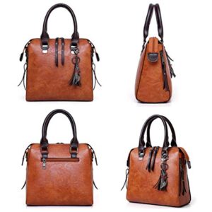 GJGJTER Synthetic PU Leather Tote for Women Satchel Crossbody Hobo 4pcs Handbags Shoulder Bags Tassel Fox Ornament-Brown