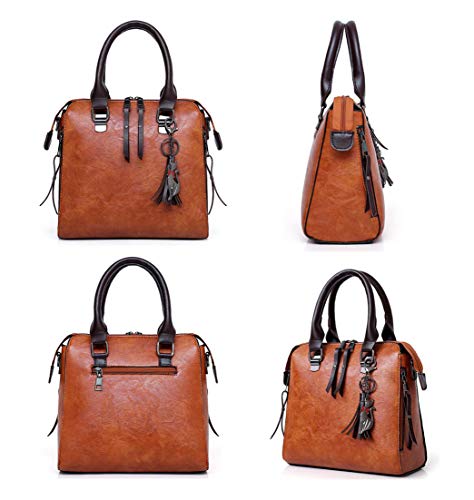 GJGJTER Synthetic PU Leather Tote for Women Satchel Crossbody Hobo 4pcs Handbags Shoulder Bags Tassel Fox Ornament-Brown