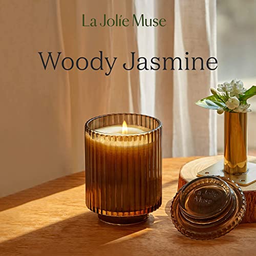 LA JOLIE MUSE Woody Jasmine Candles for Home Scented - Luxury Jar Candles with Aesthetic Glass, Mothers Day Gifts Candles for Women, 80 Hours Long Burning