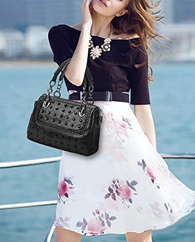 GJGJTER Women Soft Synthetic PU Leather Rivet decoration Tote Satchel Hobo Crossbody Top-Handle Shoulder Handbags Clutches-Black 2