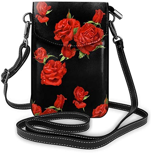 Red Rose Flower Black Women Soft PU Leather Cellphone Purse Wallet Handbag Small Crossbody Shoulder Bag