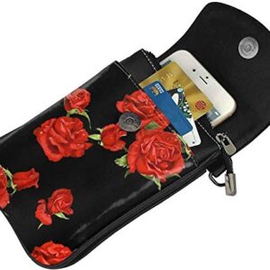 Red Rose Flower Black Women Soft PU Leather Cellphone Purse Wallet Handbag Small Crossbody Shoulder Bag