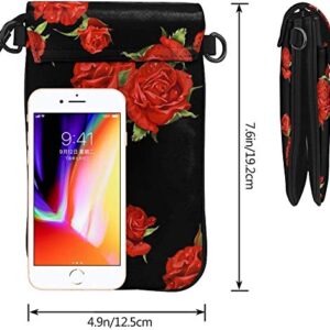 Red Rose Flower Black Women Soft PU Leather Cellphone Purse Wallet Handbag Small Crossbody Shoulder Bag