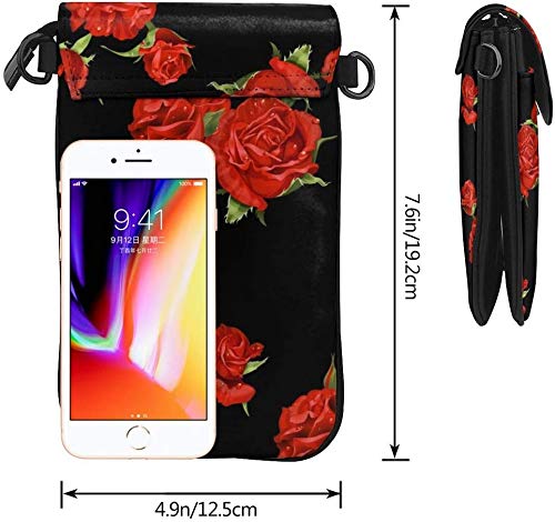 Red Rose Flower Black Women Soft PU Leather Cellphone Purse Wallet Handbag Small Crossbody Shoulder Bag