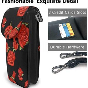 Red Rose Flower Black Women Soft PU Leather Cellphone Purse Wallet Handbag Small Crossbody Shoulder Bag