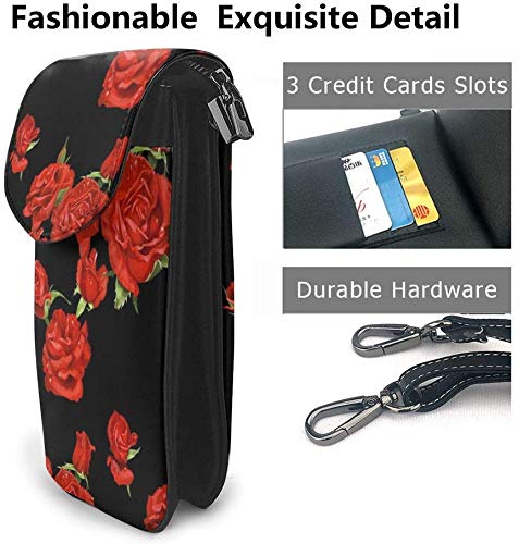 Red Rose Flower Black Women Soft PU Leather Cellphone Purse Wallet Handbag Small Crossbody Shoulder Bag