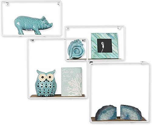 KAO Mart Wall Mounted Rustic Iron and Wood Intersecting Unique Floating Shelves Wood (4, White)