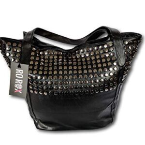 Ro Rox Women's Faux Leather PU Punk Studded Shopper Large Tote Shoulder Day Bag - Black