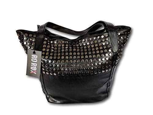 Ro Rox Women's Faux Leather PU Punk Studded Shopper Large Tote Shoulder Day Bag - Black