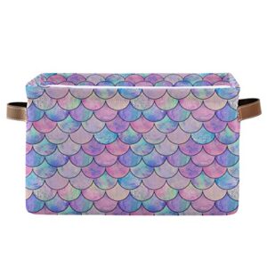 senya large foldable storage basket, mermaid fish scale wave fabric storage bin organizer bag with handles 15 x 11 x 9.5 inch