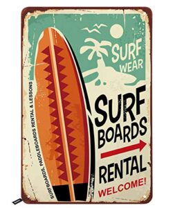 swono surf boards tin signs,surf wear rental welcome vintage metal tin sign for men women,wall decor for bars,restaurants,cafes pubs,12×8 inch