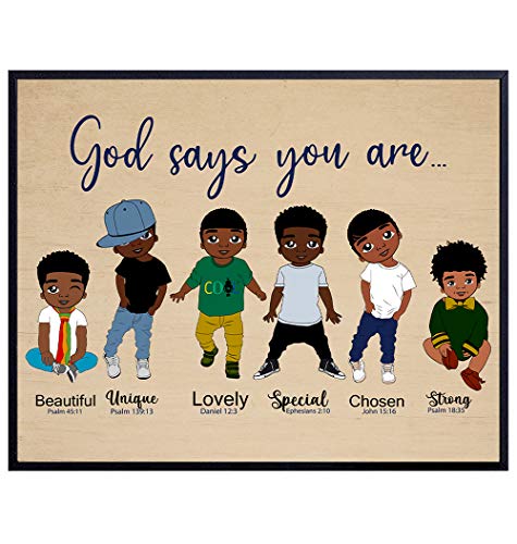 God Says You Are Wall Art - Religious Wall Decor for African American Boys - Christian Gifts - Scripture Wall Decor - God Wall Art - Black Boys Room Decor - Motivational Inspirational Bible Verses