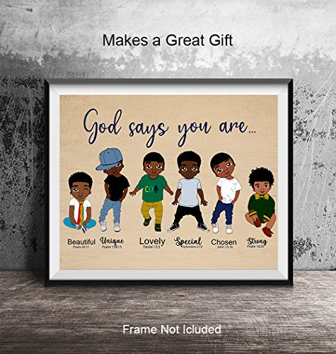 God Says You Are Wall Art - Religious Wall Decor for African American Boys - Christian Gifts - Scripture Wall Decor - God Wall Art - Black Boys Room Decor - Motivational Inspirational Bible Verses