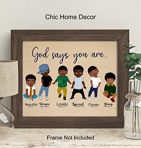 God Says You Are Wall Art - Religious Wall Decor for African American Boys - Christian Gifts - Scripture Wall Decor - God Wall Art - Black Boys Room Decor - Motivational Inspirational Bible Verses