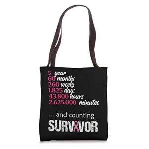 five 5 year survivor breast cancer shirt awareness gift tote bag