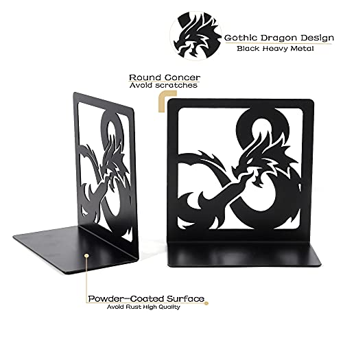 Gothic Dragon Design Bookends, Decorative Black Metal Book end Bookshelves, Unique Cool Bookend Books Stand for Home Office Decorative, Books Support Book Holder