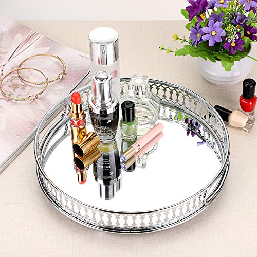 Hipiwe Mirror Vanity Tray - 10.6 inches Round Metal Makeup Tray Jewelry Trinket Tray, Cosmetic Perfume Tray for Dresser Bathroom Bedroom Countertop Organizer Tray