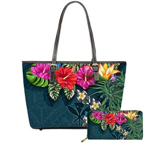 seanative hawaiian hibiscus floral handbags shoulder totes for women large capacity hand bag with long wallet,tattoo tribal design