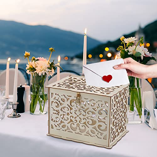 Okllen Wood Wedding Card Box with Lock and Card Sign, Large Rustic Wooden Card Box DIY Money Envelop Gift Holder, Hollow Envelope Box for Wedding Reception, Baby Shower, Birthday, Graduation, Yellow